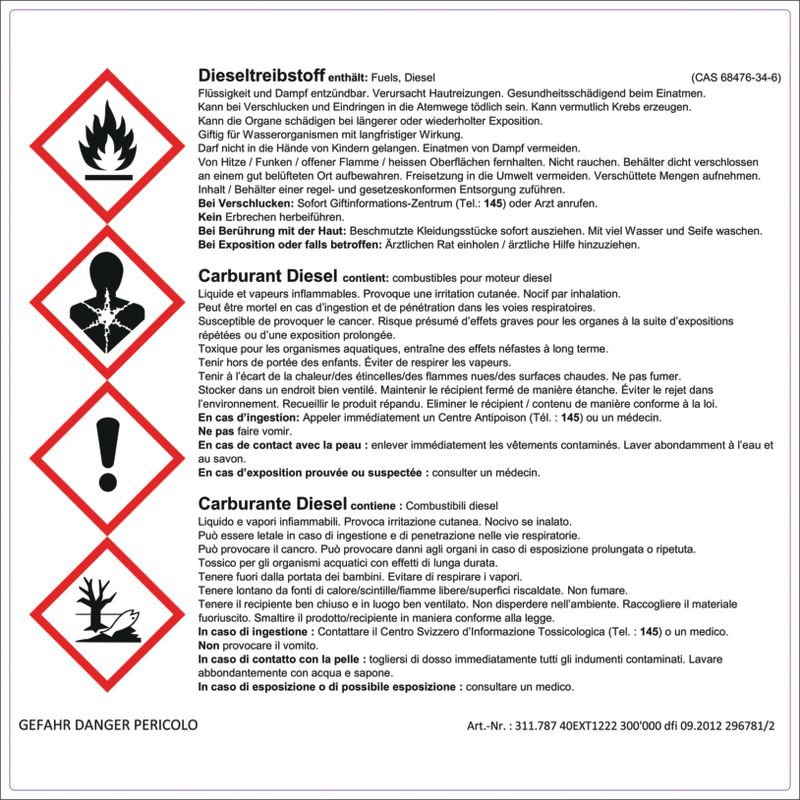 Warning sticker for diesel fuel | BRW