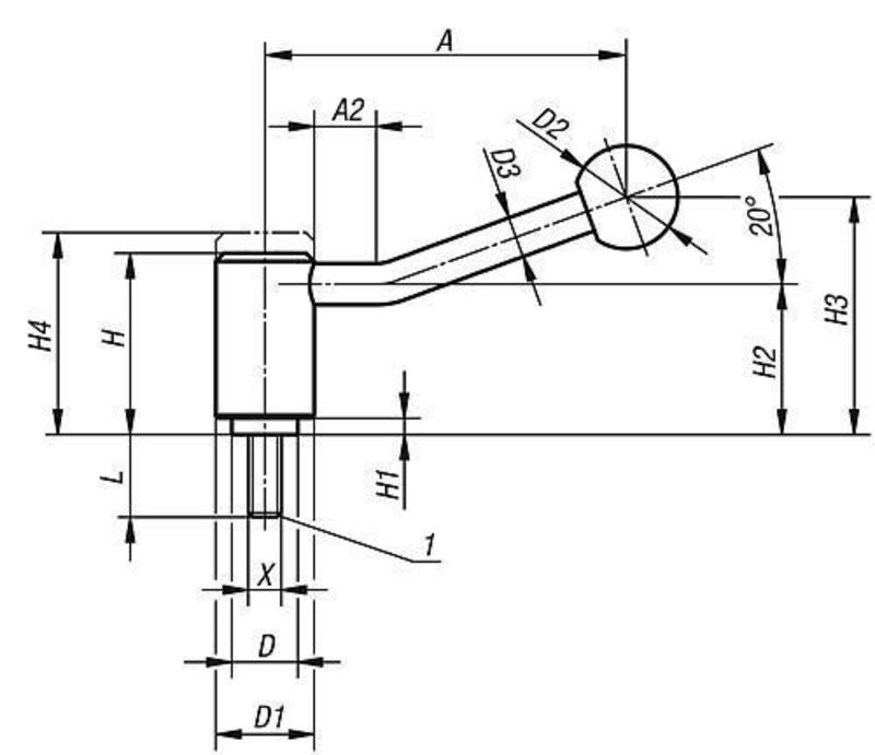 Spannhebel KIPP, K0108, Aussengewinde, Form: 20° | BRW